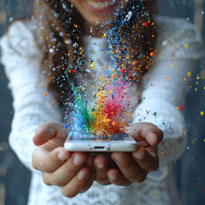 Colorful Powder Exploding from a Smartphone in Womans Hands Stock Image ...
