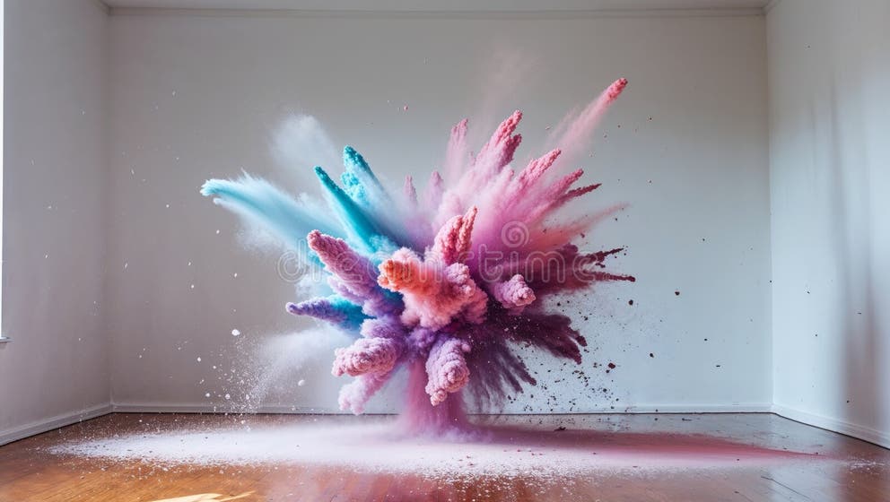 Colorful Powder Exploding on White Wall in Empty Room with Wooden Floor ...
