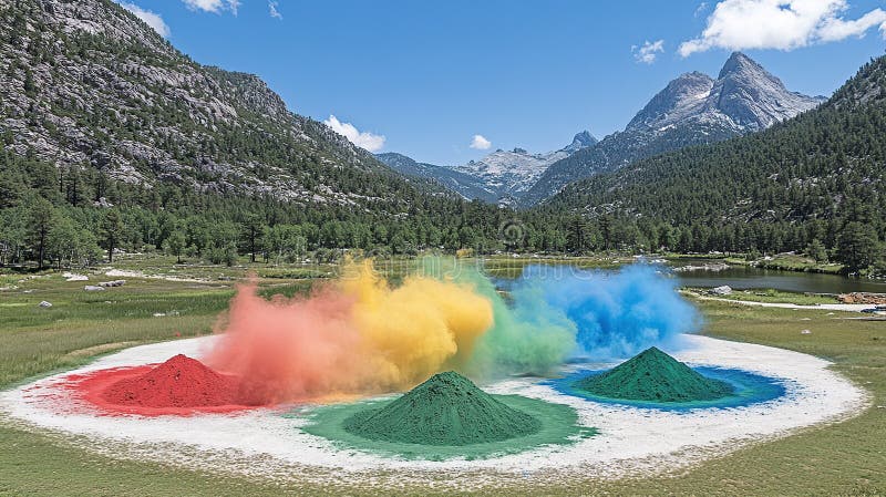 Colorful Powder Explosion, Mountain Valley, Art Installation Stock ...