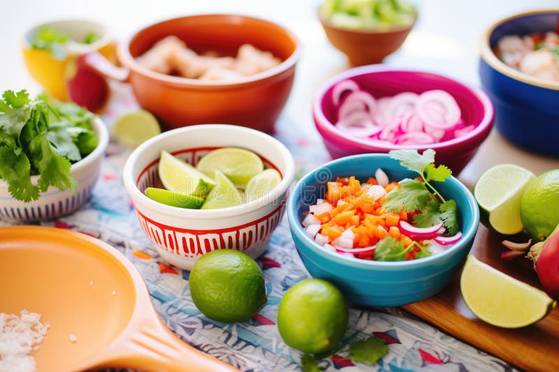 Colorful Pozole Toppings in Small Bowls Stock Illustration ...