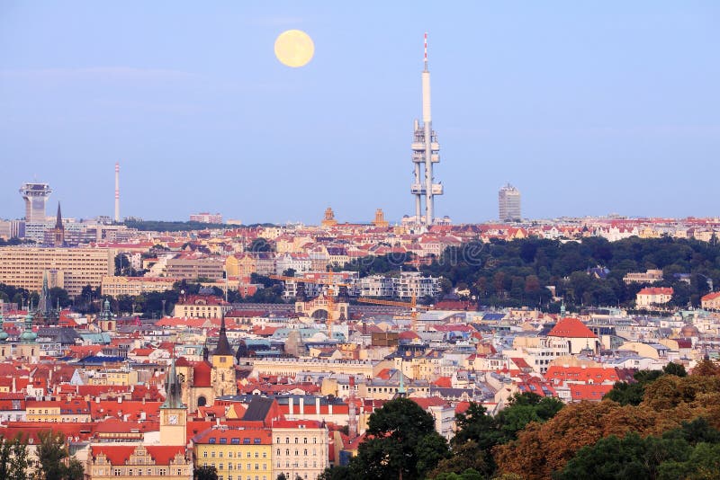 Colorful Prague Castle with Moon after Sunset Editorial Stock Image ...