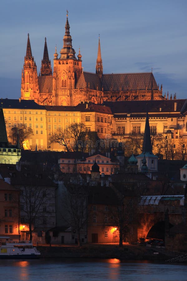 Colorful Prague Gothic Castle in the Night Stock Photo - Image of ...
