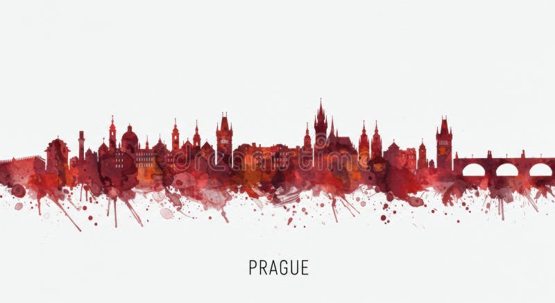 Colorful Prague Skyline Silhouette with Red Artistic Splashes Stock ...