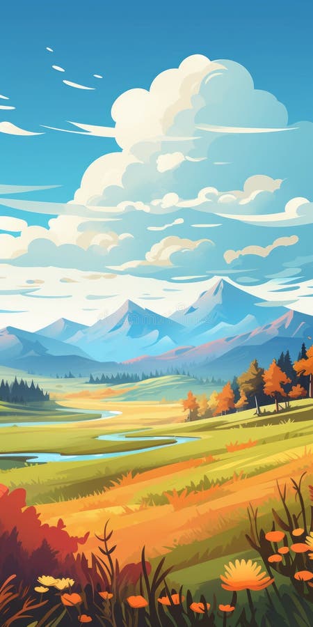 Colorful Prairie Illustration with Forest and Dunes Stock Illustration ...