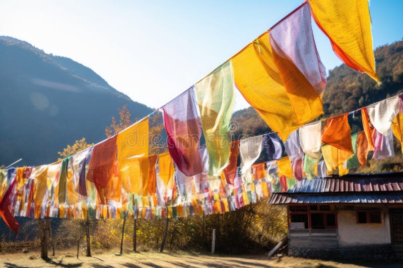 Colorful Prayer Flags Fluttering in the Wind Stock Illustration ...