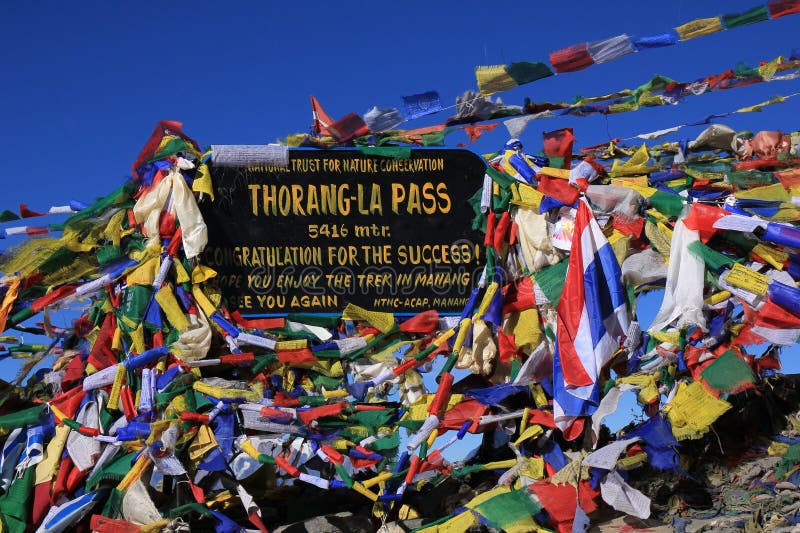 Colorful Prayer Flags and Signboard on the Thorang La Mountain Pass ...