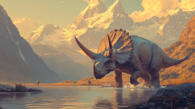 A Colorful Prehistoric Scene Features Dinosaurs Near a Twisting River ...