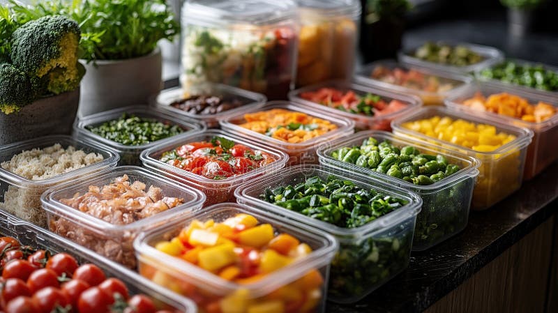 Colorful Prepped Vegetables and Grains in Clear Plastic Containers, Ready for Meal Prep Stock ...