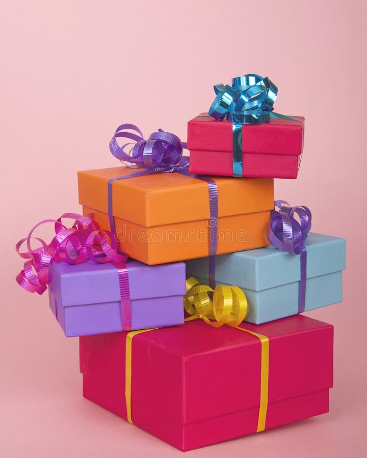 Colorful Present Boxes With Ribbon Stacked Asymetrically And Ran Stock ...