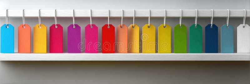 Colorful Price Tags Arranged Neatly on a White Shelf in a Modern ...