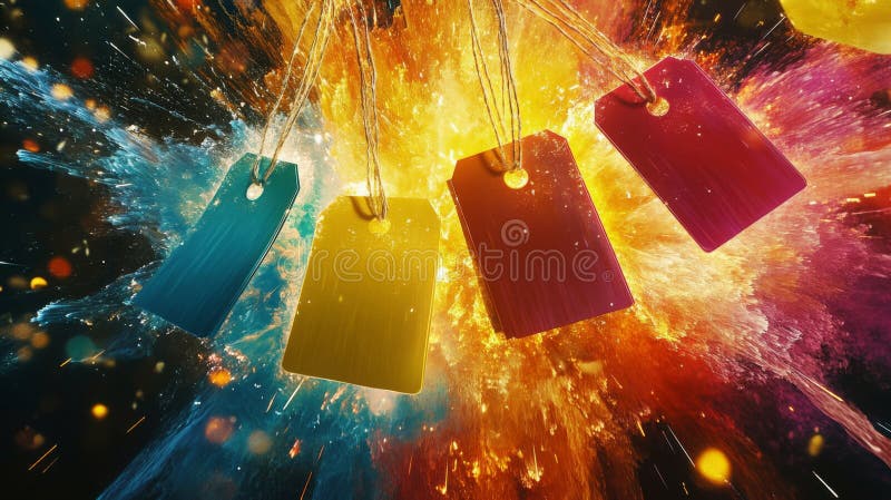 Colorful Price Tags Exploding in a Burst of Light and Color Stock ...