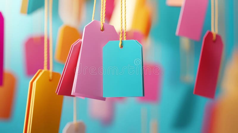 Colorful Price Tags Hanging Against a Blue Background Stock ...