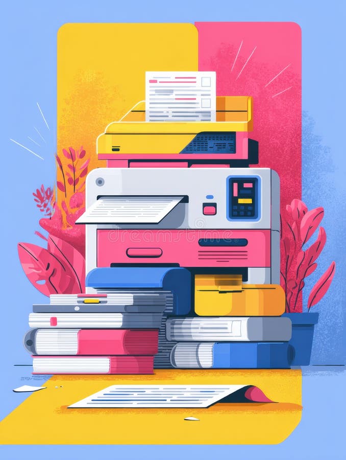 Endless Error Logs Printing from a Colorful Printer Amidst Stacks of ...
