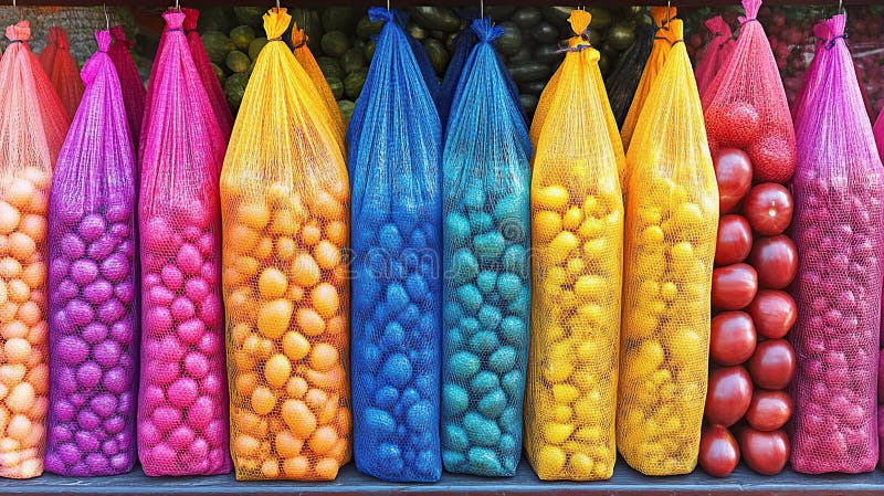 Colorful Produce Bags Hanging in Rows Stock Image - Image of harvest ...