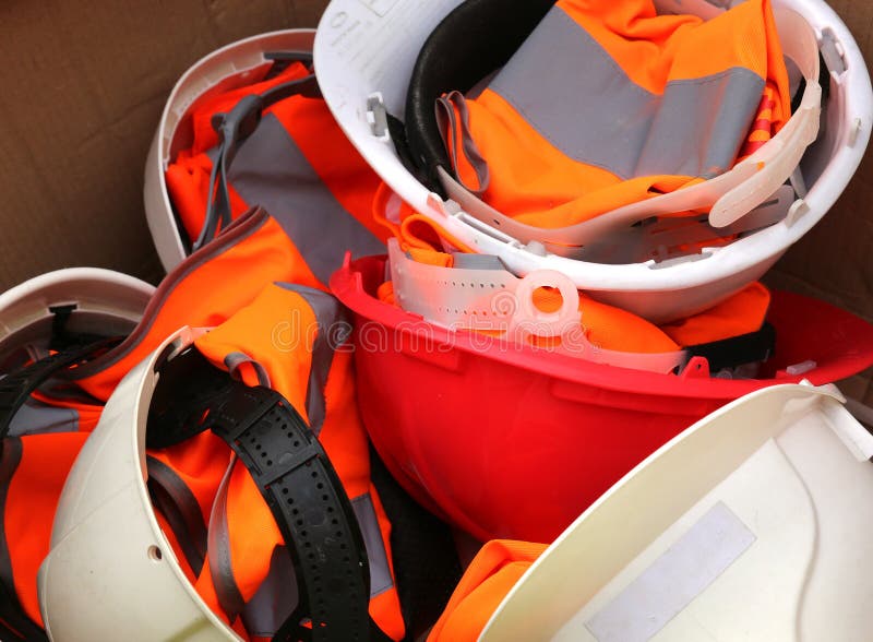 Colorful Protective Construction Helmets in the Box Stock Photo - Image ...
