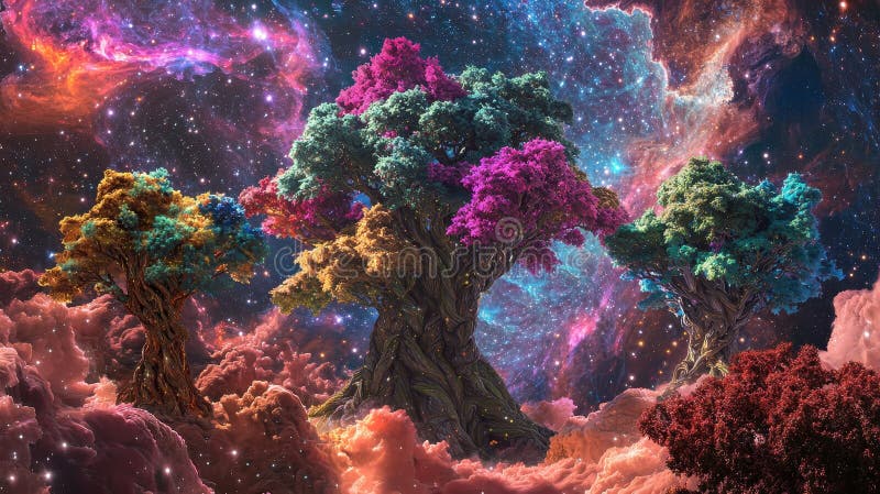 Colorful Psychedelic Trees in Cosmic Setting Stock Illustration ...