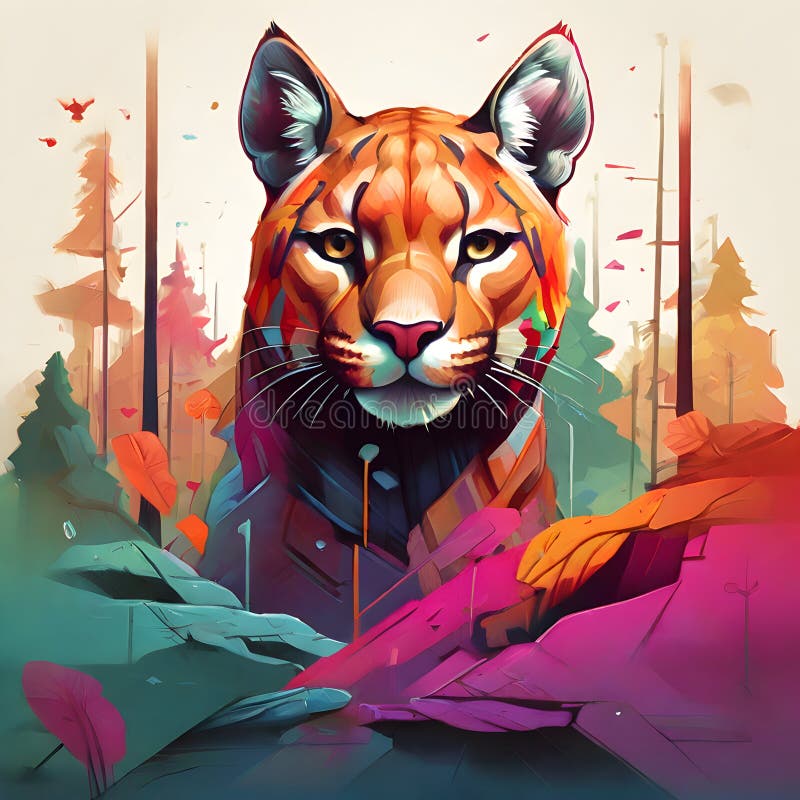Colorful Puma Head with Colorful Forest Theme Surrounded by a Trees ...