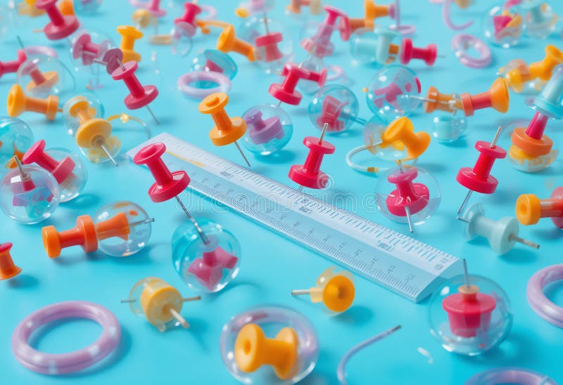 Colorful Push Pins on Blue Surface Stock Illustration - Illustration of ...