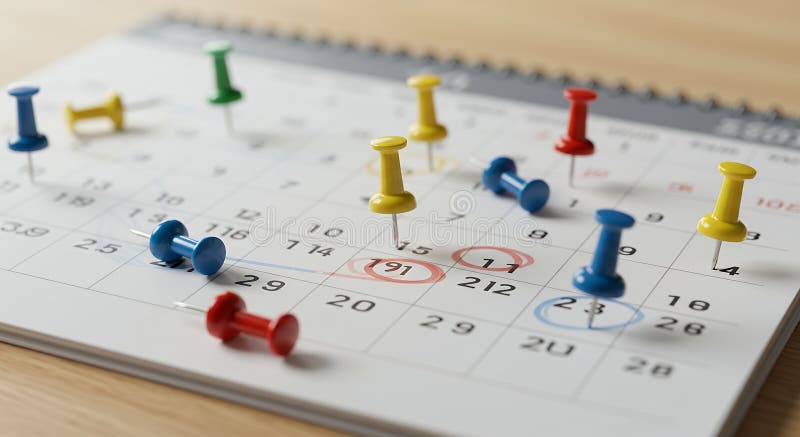 Colorful Push Pins Mark Important Dates on a Desk Calendar Stock Photo ...