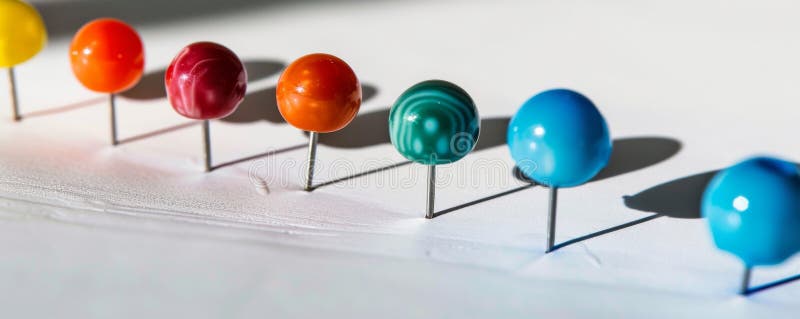 Colorful Push Pins in a Row on White Surface, with Shadows. Office ...