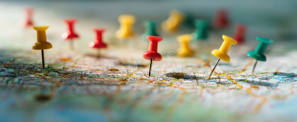 The Colorful Pushpins Highlighting Important Locations on a Map..AI ...