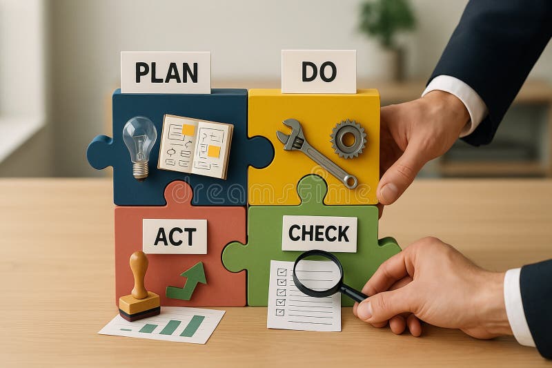 Colorful Puzzle Blocks with 3D Icons Representing the Four PDCA Stages ...