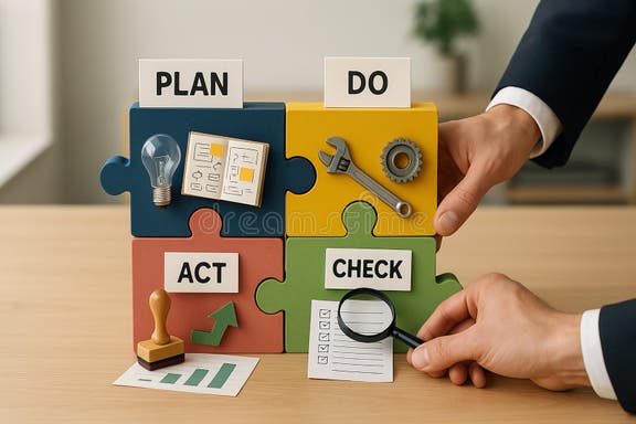 Colorful Puzzle Blocks with 3D Icons Representing the Four PDCA Stages ...