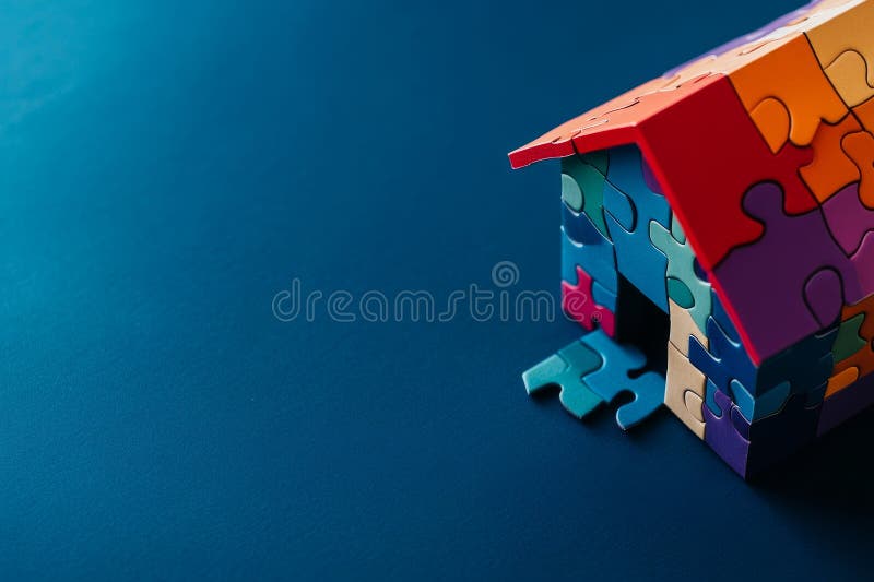 Colorful Puzzle House on Blue Background Symbolizing Home Unity Puzzle ...
