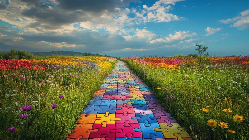 Colorful Puzzle Path Leading through a Vibrant Meadow. Stock Photo ...