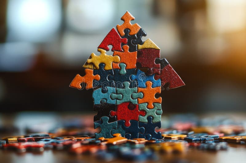 A Colorful Puzzle Piece House Stands Out Against Scattered Pieces ...