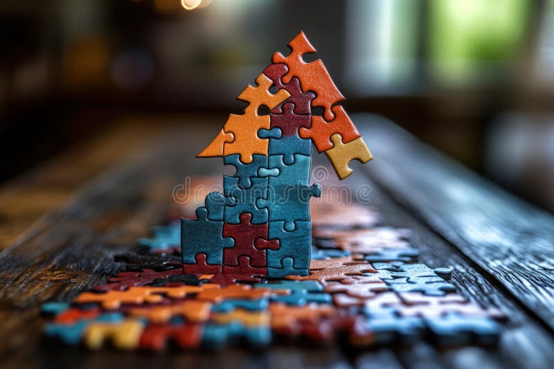 A Colorful Puzzle Piece Structure Resembling House Stands on Wooden ...