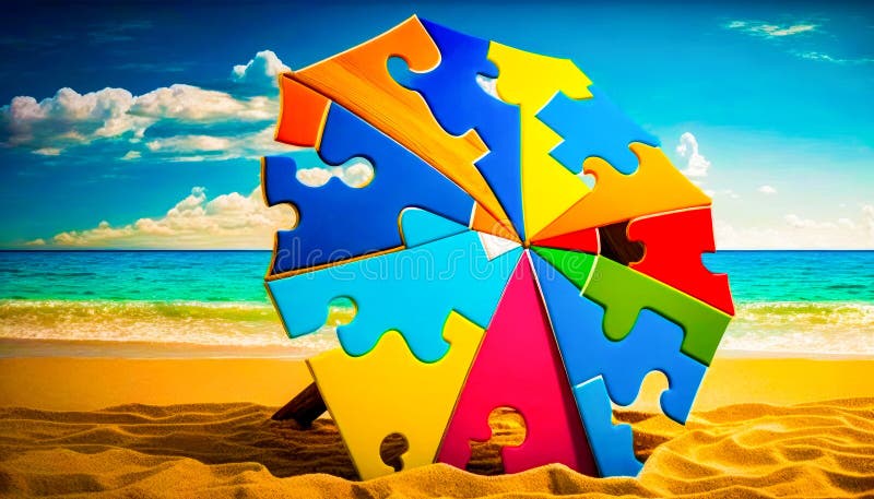 Colorful Puzzle Piece Umbrella on the Beach. Generative AI Stock Photo ...