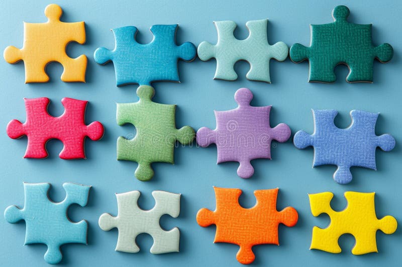 Colorful Puzzle Pieces Arranged on Light Blue Surface Stock ...