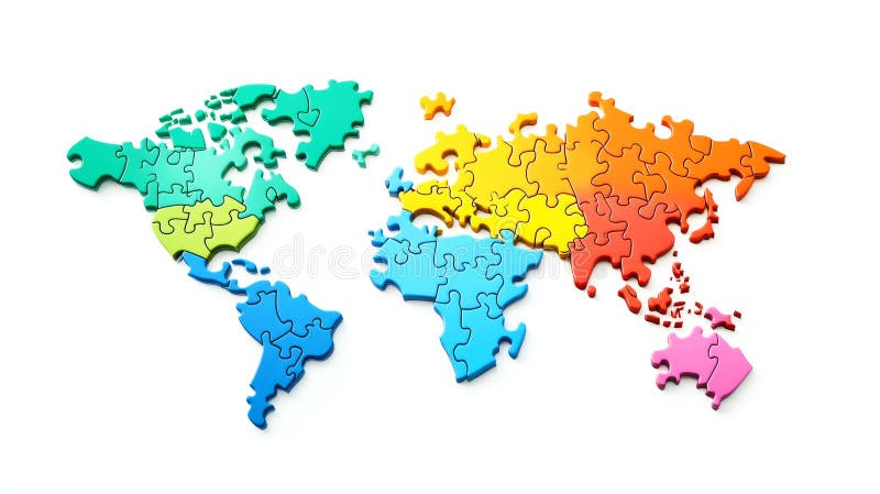 Colorful Puzzle Pieces Create a Vibrant World Map Design on a White ...