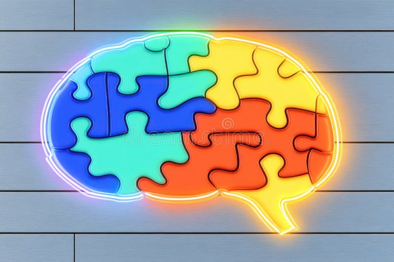 Colorful Puzzle Pieces Form a Glowing Human Brain, Representing Diverse ...