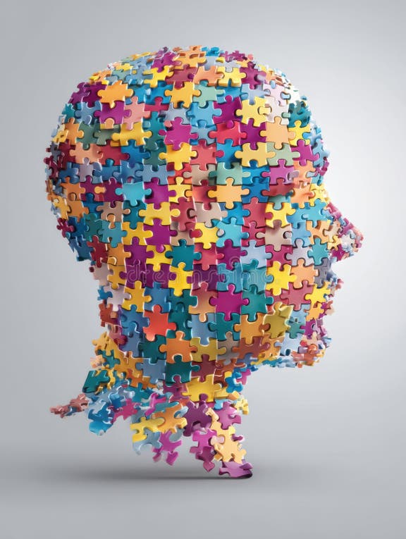 Colorful Puzzle Pieces Form a Wooden Head Shape Representing Complex Thinking and Problem ...