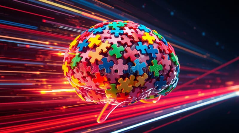 Colorful Puzzle Pieces Forming a Brain, Speeding through a Vibrant ...
