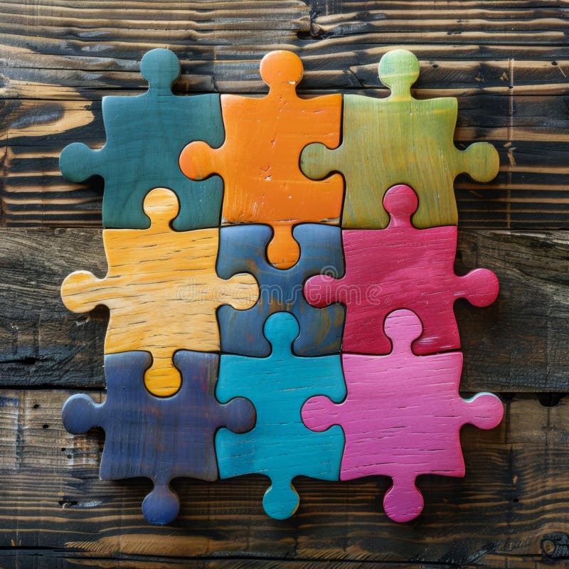 Colorful Puzzle Pieces Forming Square Shape on Rustic Wooden Background ...