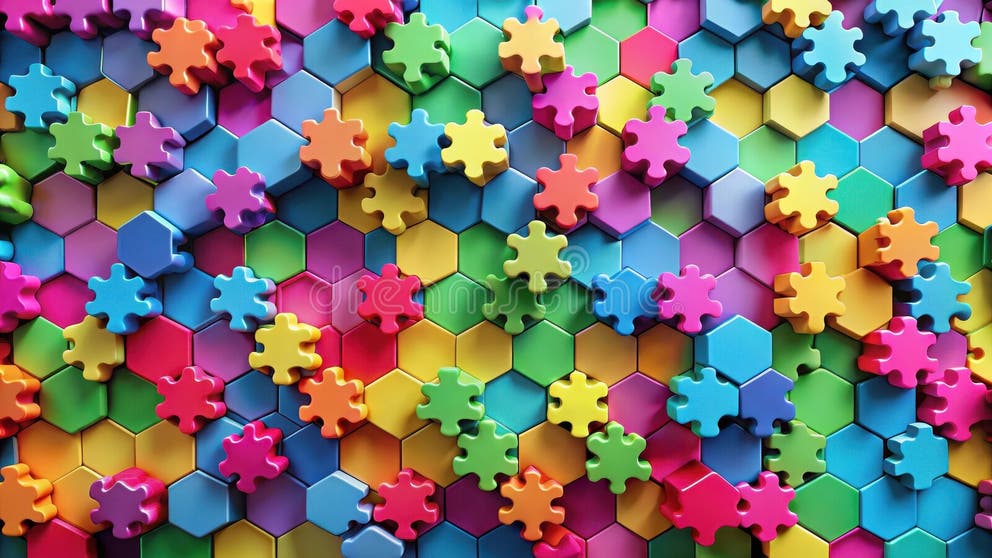 Colorful Puzzle Pieces on a Hexagonal Background a Vivid Representation ...