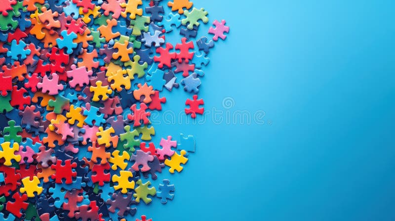 Colorful Puzzle Pieces Scattered on a Bright Blue Background Stock ...