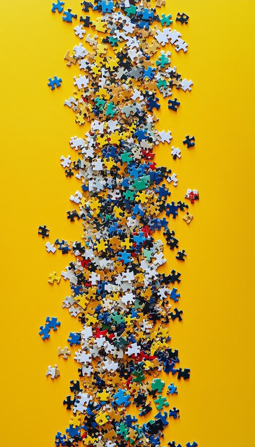 Colorful Puzzle Pieces Scattered on a Bright Yellow Background, Concept ...