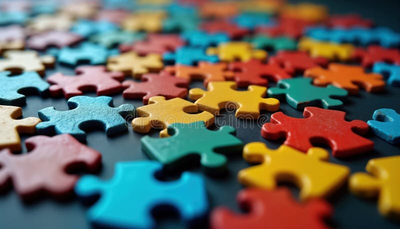 Colorful Puzzle Pieces Scattered on Dark Surface. Pieces Represent ...