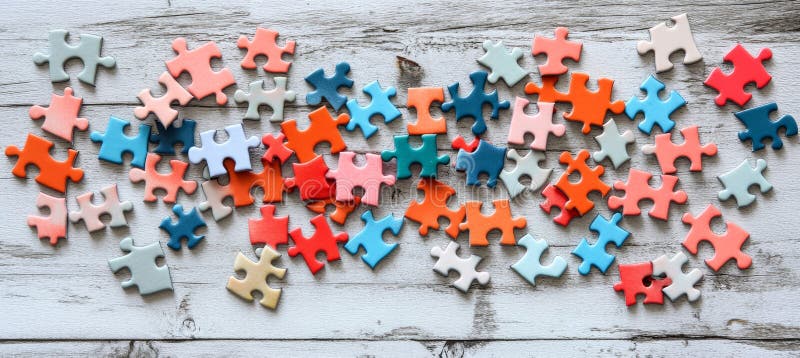 Colorful Puzzle Pieces Scattered on a Rustic White Wood Background ...