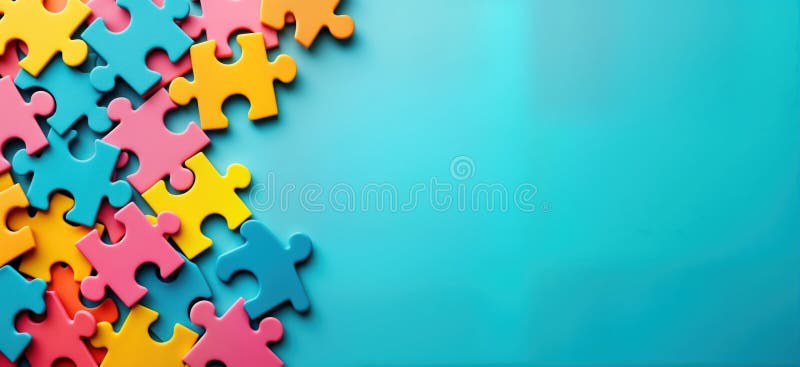 Colorful Puzzle Pieces Scattered on Vibrant Blue Background Create ...