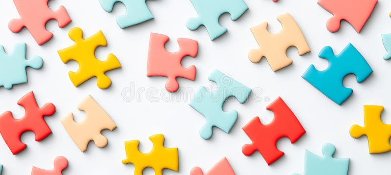 Colorful Puzzle Pieces Scattered on White Background, Concept of ...