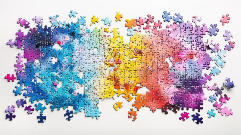 Colorful Puzzle Pieces Scattered on White Surface Forming Rainbow ...