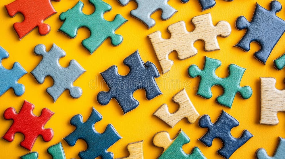 Colorful Puzzle Pieces Scattered on Yellow Background, Teamwork Problem ...