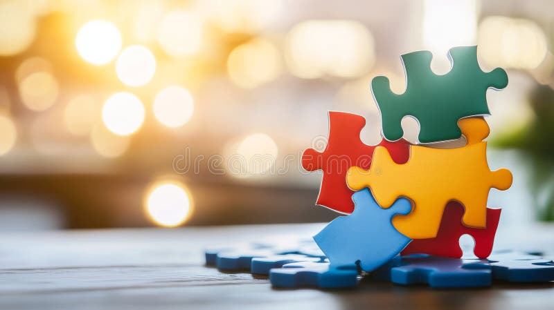 Colorful Puzzle Pieces Stacked on Blurred Background Teamwork ...