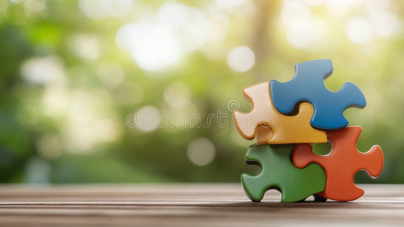 Colorful Puzzle Pieces Stacked on Wooden Surface Teamwork Unity ...
