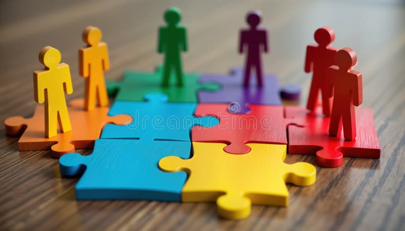 Colorful Puzzle Pieces Symbolize Diverse Teams. Small Figures Represent ...
